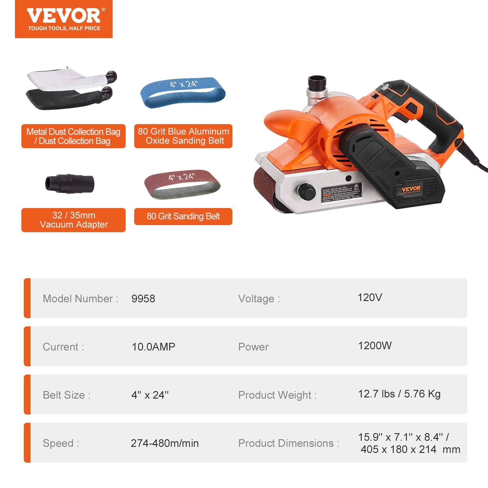 VEVOR 10AMP Belt Sander, 4" x 24" Belt Sanders for Woodworking with 6 Speeds 274-480 m/min, Powerful Sander Machine with 2 in 1 Vacuum Adapter, 2 Dust Bags, 2 Sanding Belts