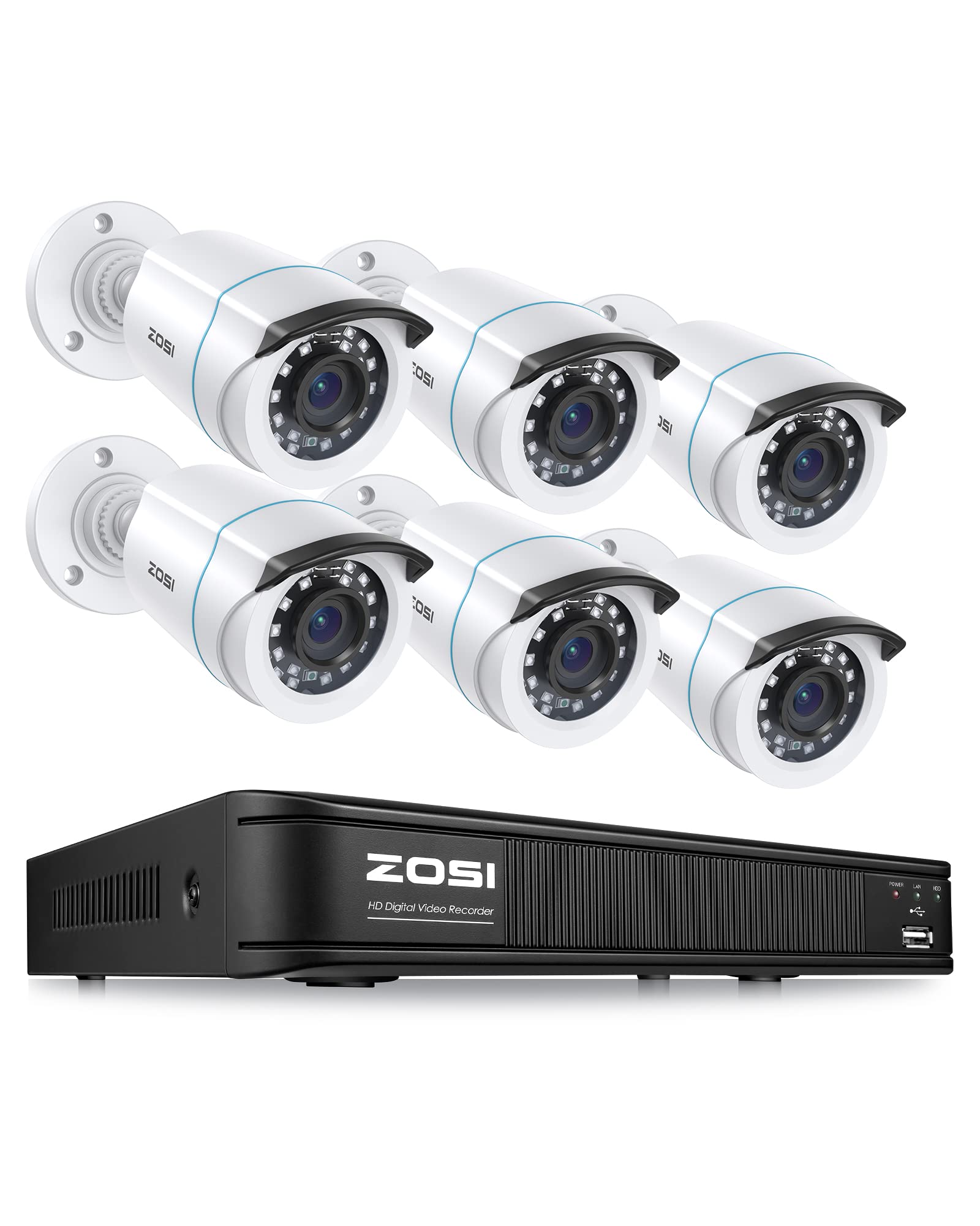 ZOSI 1080p Home Security Camera System Outdoor Indoor, H.265+ 5MP Lite CCTV DVR Recorder 8 Channel with 6 x 1080p Weatherproof Surveillance Bullet Camera, 80ft Night Vision, Remote Access, No HDD