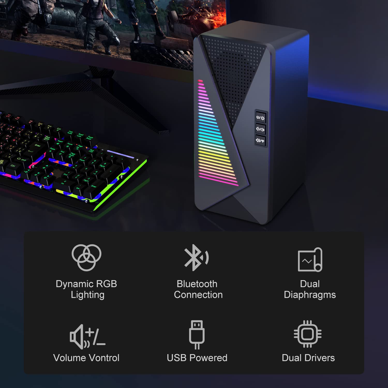 Computer Speakers, Dynamic RGB Desktop Speakers, Support Stereo Bluetooth 5.0 and Wired, Speakers for PC, Laptop/Phone/Ipad and Game Machine, USB Powered with 3.5mm Cable (CO708)