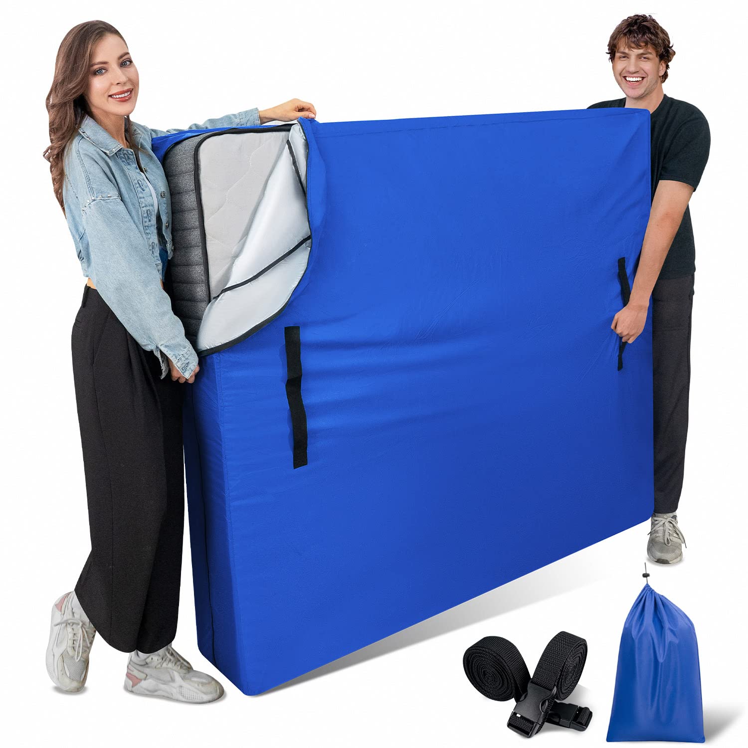 King Mattress Bag for Moving Storage Protector, Waterproof Reusable Mattress Cover with Heavy Duty 8 Handles Water Resistant Zipper Closure and 2 Adjustable Straps, Blue