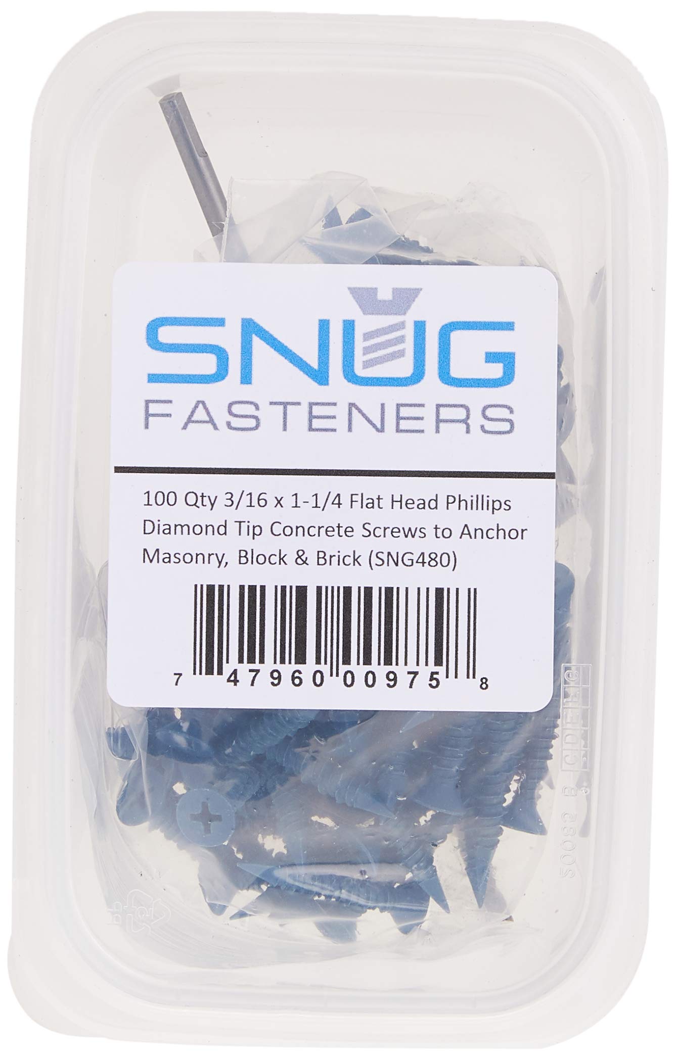 SNUG Fasteners (SNG480) 100 Qty 3/16 x 1-1/4 Flat Head Phillips Diamond Tip Concrete Screws to Anchor Masonry, Block & Brick, Count