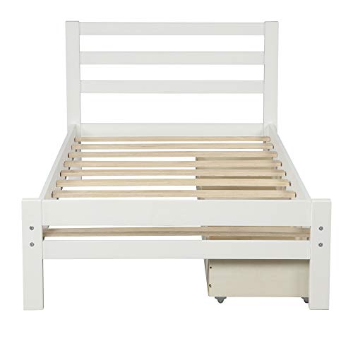 CNANXU Twin Bed Frame with Headboard and Storage Drawers, Wood Platform Bed Frames with Wooden Slat Support, No Box Sping Needed, Mattress Foundation, Easy Assemble - Twin Bed Frames (White)