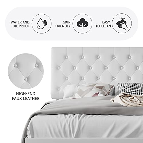 SHA CERLIN King Size Bed Frame with Button Tufted Headboard, Faux Leather Upholstered Mattress Foundation, Platform Bed Frame, Wooden Slat Support, No Box Spring Needed, White