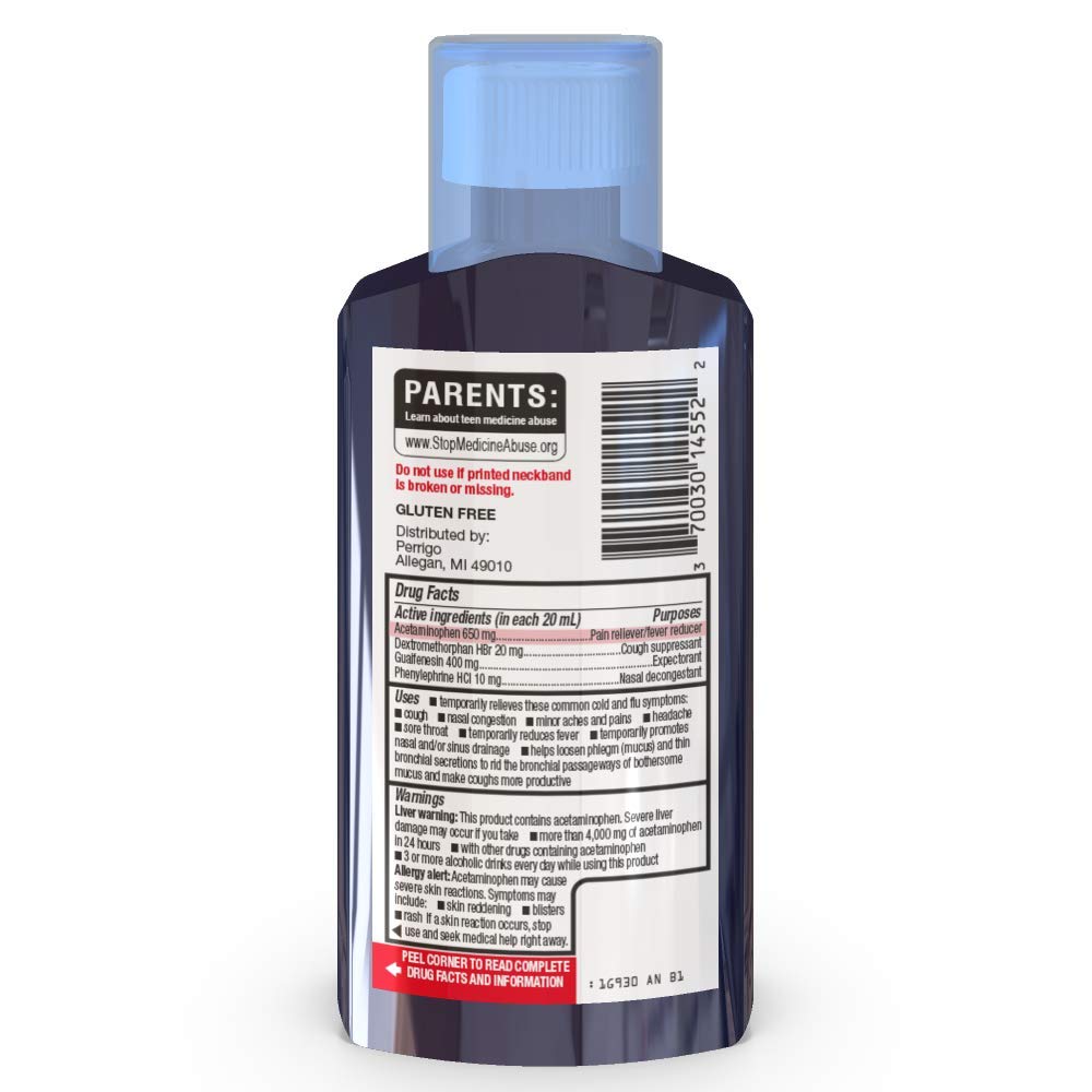 Amazon Basic Care Mucus Relief Cold, Flu & Sore Throat Syrup, Helps Relieve Common Cold and Flu Symptoms, 6 fl Oz (Pack of 1)