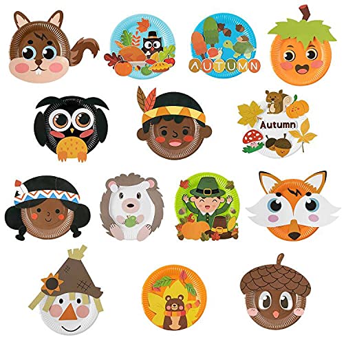 MALLMALL6 14pcs Autumn Paper Plate Art Kits Pumpkin DIY Craft Sticker Games Maple Leaf Acorn Early Learning Art Project for Toddler Preschool Activities Happy Fall Holiday Party Supplies for Boy Girl