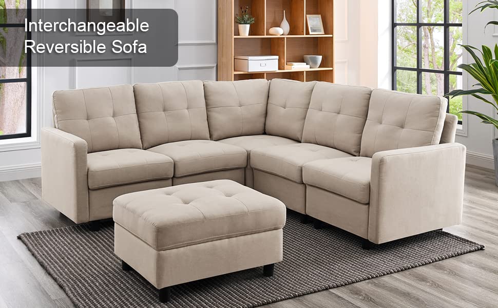 Ouchtek 5-Pieces Modular Sectional Sofas, Comfy L Shape Sofa Couch for Living Room Small Space Linen Fabric Furniture Sets Modern Apartment Sofa Without Ottoman, Light Grey