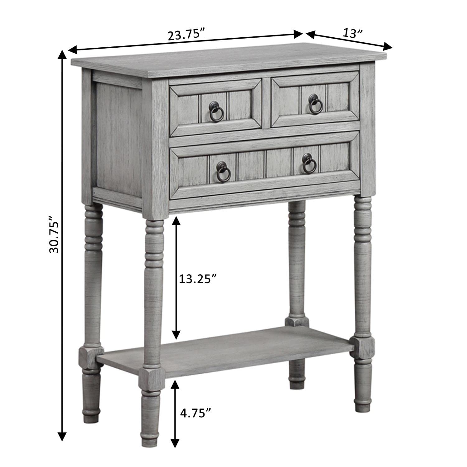 Convenience Concepts Kendra 3 Drawer Hall Table with Shelf, Wirebrush Light Gray
