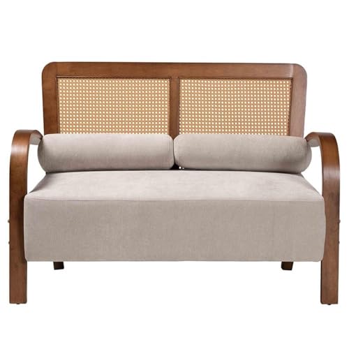 Baxton Studio Sage Modern Japandi Light Grey Fabric and Walnut Brown Finished Wood Loveseat with Woven Rattan