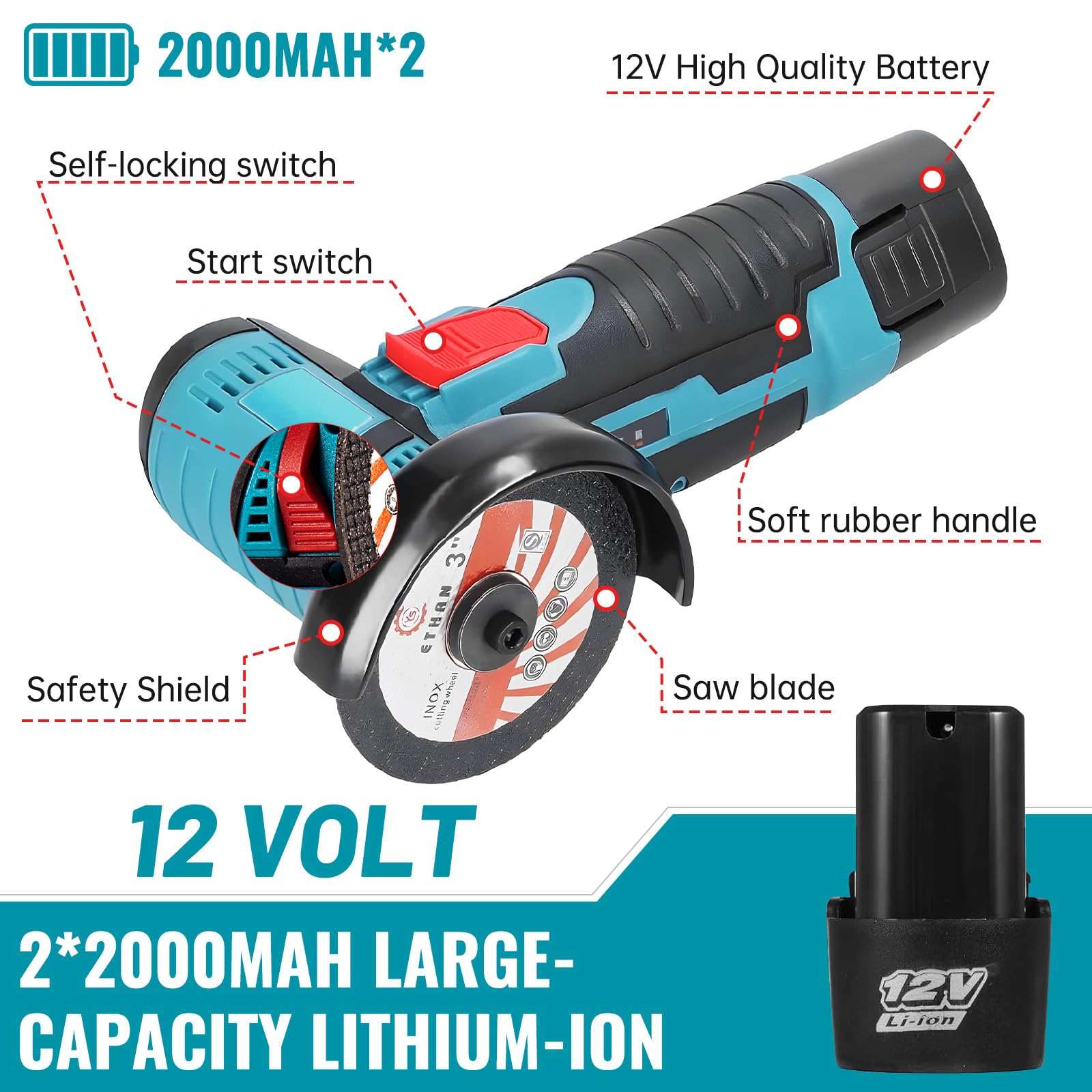 Housiwill Angle Grinder Tool, Mini Angle Grinder, Cordless Electric Angle Grinding Tool 12V 19500RPM with 2PCS 2000mAh Battery, Nylon Cutting Blade-s/Grinding Disc/Metal Cutting Disc (Green+blue)