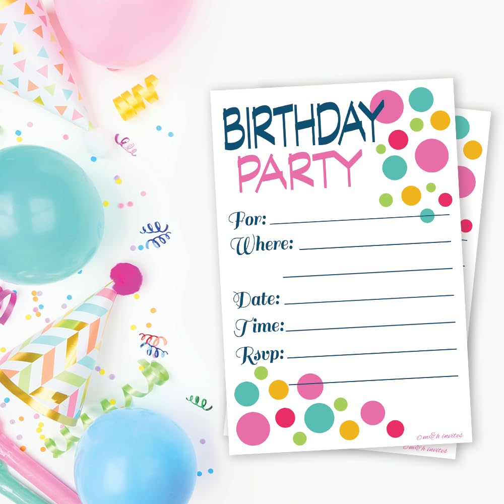 Adult or Teen Birthday Party Invitations Colorful Dots - Fill In Style (20 Count) With Envelopes