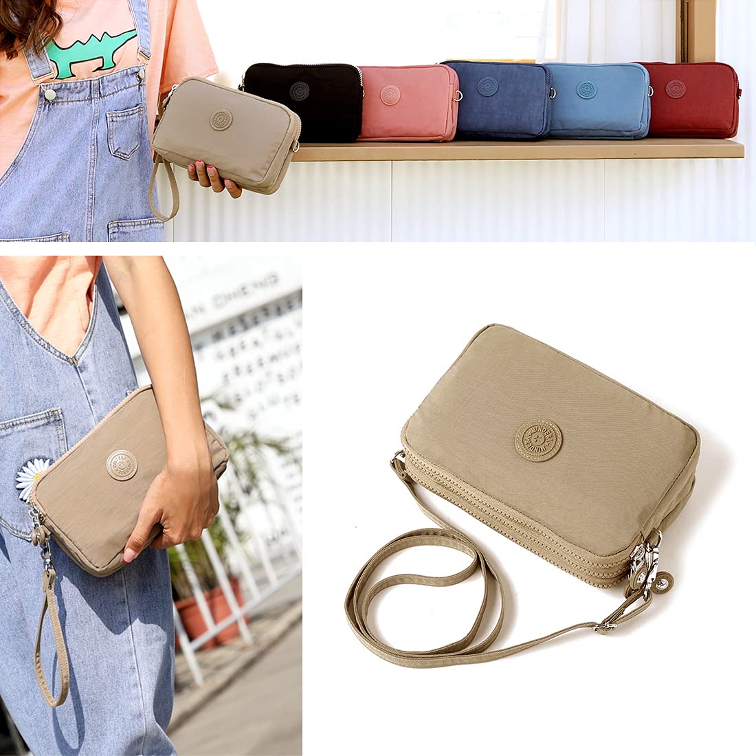 Mindesa Small Casual Crossbody Bags Triple Zip Clutch Wallet Waterproof Lightweight Cell Phone Shoulder Handbags(Black)