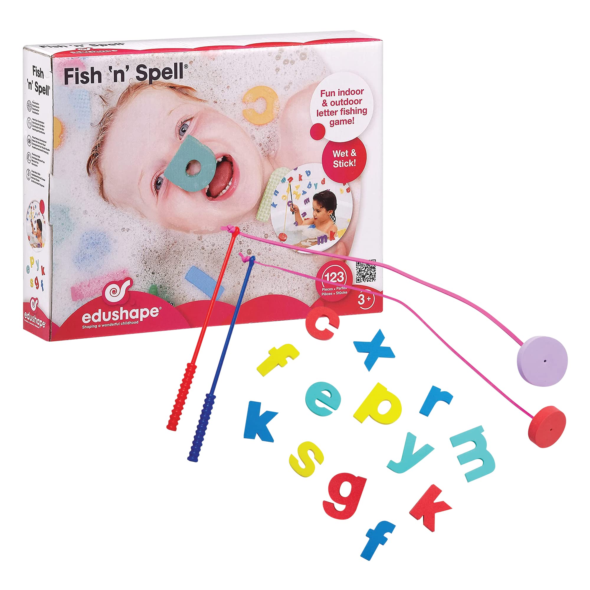 Edushape Fish & Spell Toy Fishing Set - Foam Bath Letters Toy Set - Early Child Development Learning Bath Foam Letters - Baby Foam Bath Toys for Toddlers 1-3 - Outside Water Play Toys