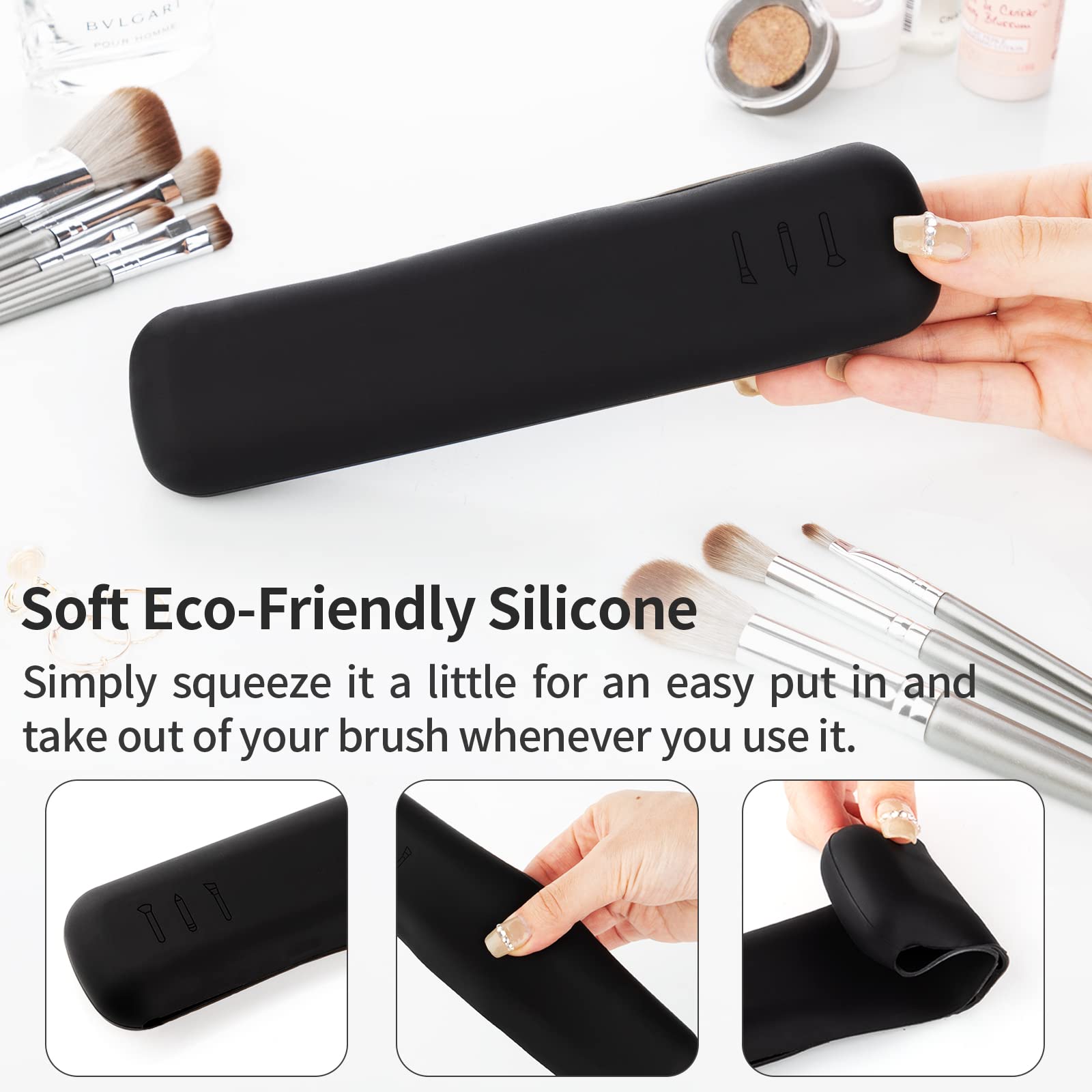 AIFEIRIC Travel Makeup Brush Holder-Silicon Trendy Brush Holder Cosmetic Bag, Soft and Sleek Makeup Tools Organizer for Travel(Black&Pink)