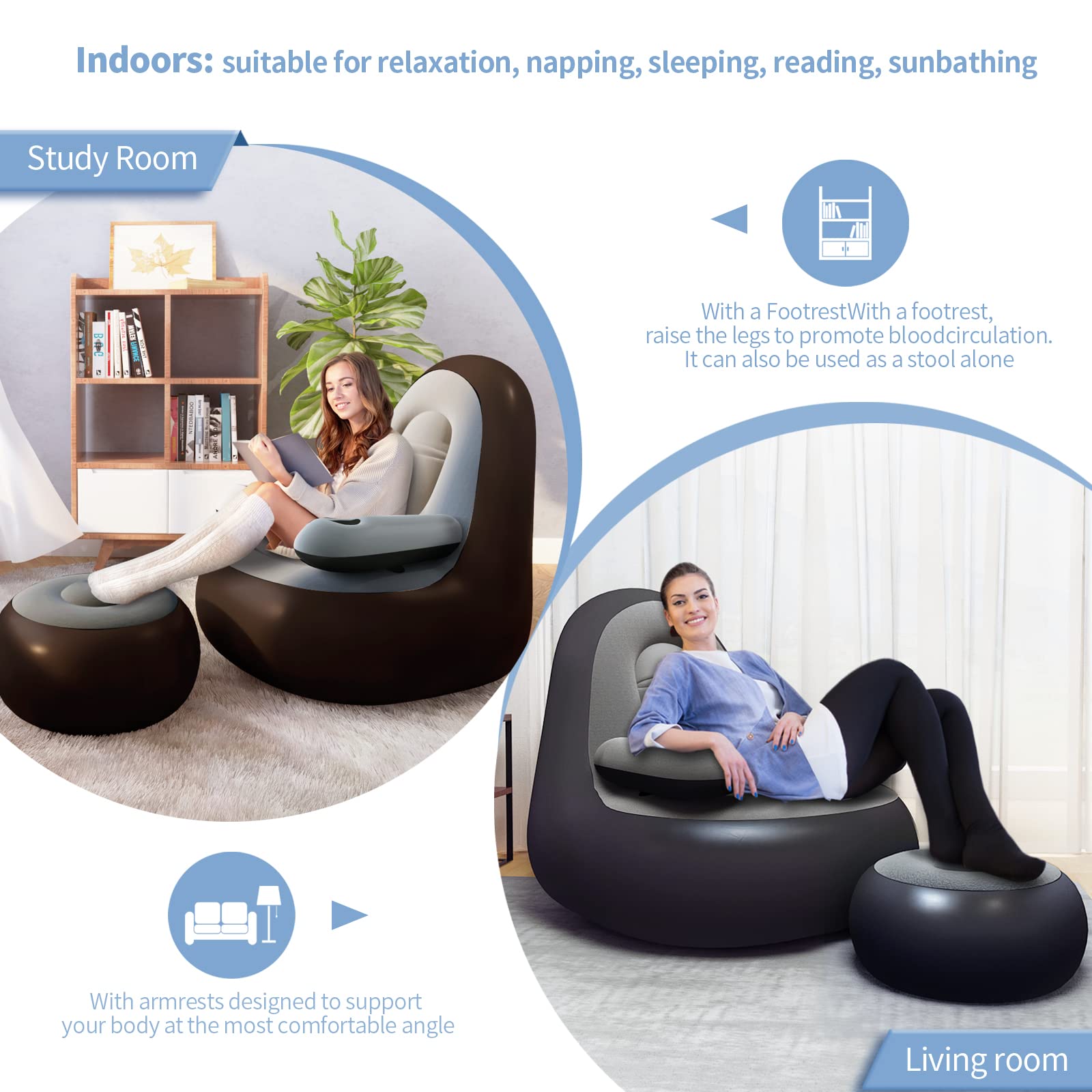Blow Up Couch,Inflatable Chair,Inflatable Couch with Armrest,Foot Stool&Cup Holder, Portable Lazy Sofa,Inflatable Lounger with Comfy Flocked Surface for Rooms,Party,Camping,Garden,Tavel (Grey)