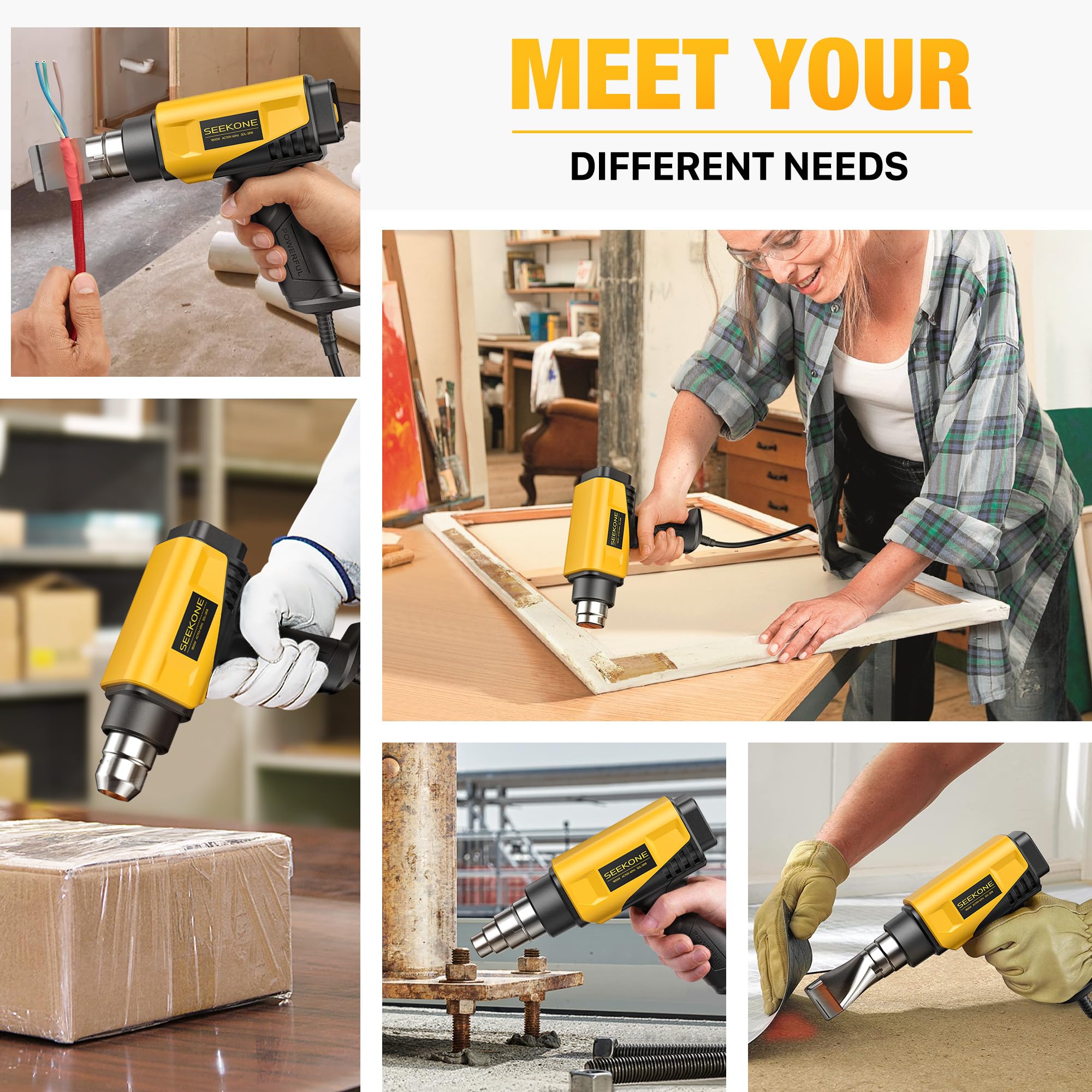 SEEKONE 1800W Heat Gun Compact Design Heavy Duty Hot Air Gun 122℉~1202℉(50℃- 650℃)Variable Temperature Control for 2 Speed Settings with 4 Nozzels for Crafts, Vinyl Wrap, Shrink Tubing