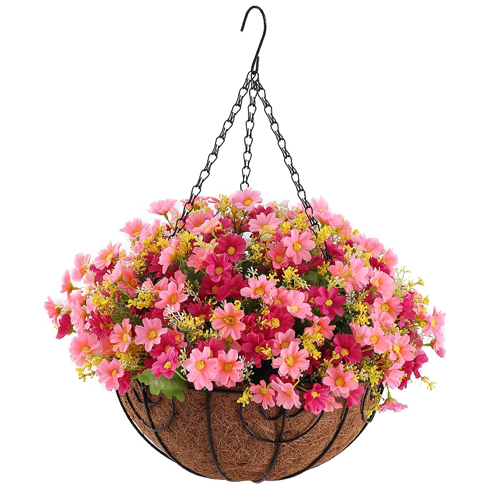 Maybox Artificial Hanging Basket with Flowers for Garden Eave Patio Lawn Decor 49Pcs Fake Daisy Bunches in 11.8 inches Metal Planter with Coco Coir Liner