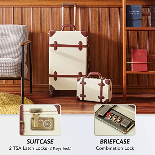 CO-Z Vintage Luggage Sets, 2 Piece Retro Suitcase with Spinner Wheels TSA Lock and Carry On Briefcase, Large 24" Trunk Small 12" Train Case Leather Travel Luggage Set for Women Men, Beige