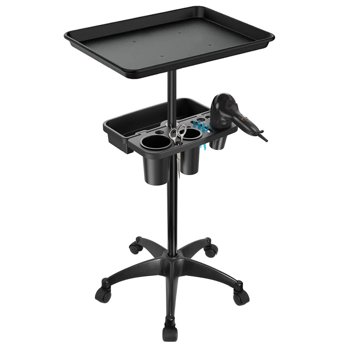 Aratan Salon Tray on Wheels, Instrument Tattoo Tray, Height Adjustable Rolling Storage Tray for Hairstylist Clinic Spa, Black
