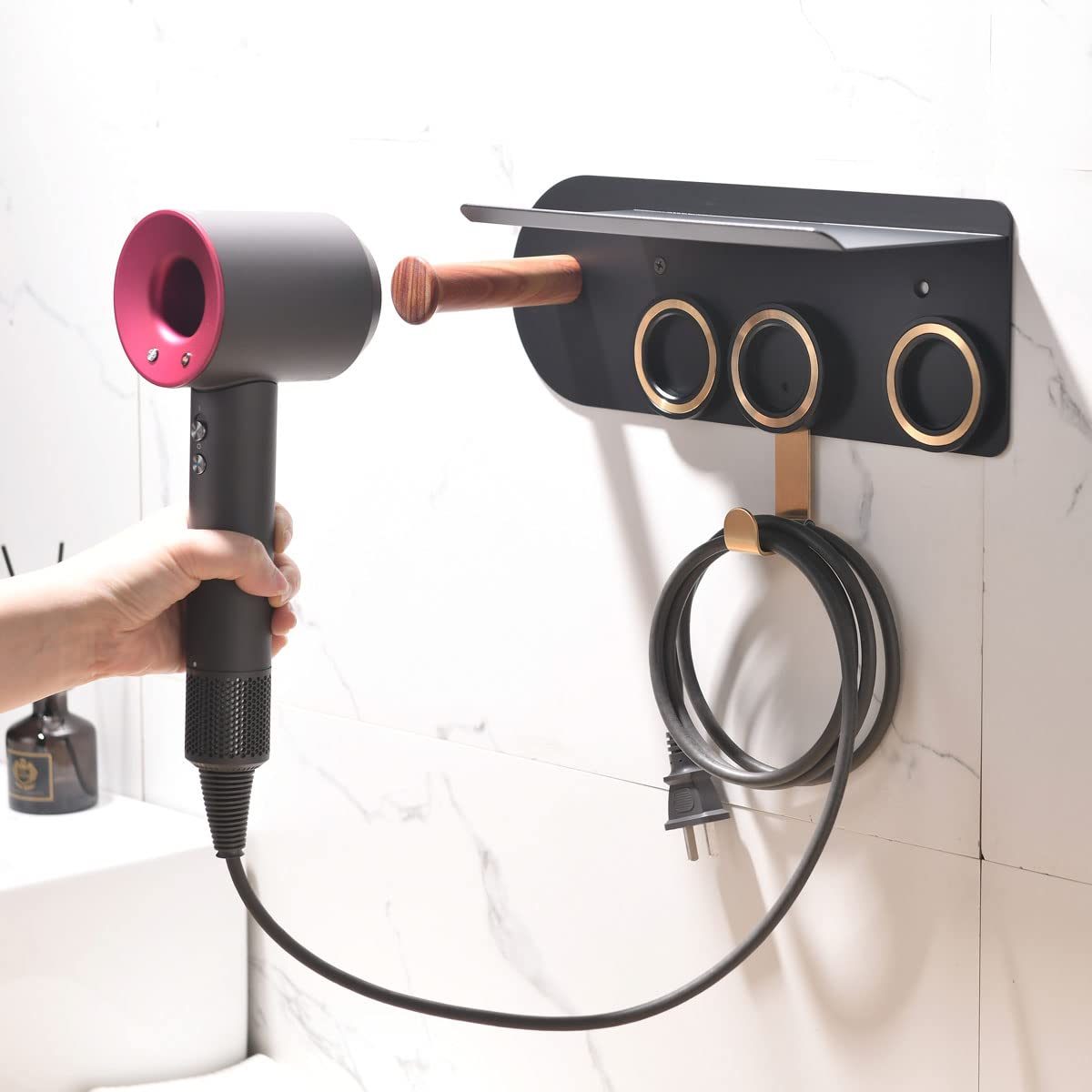 simpletome 2 in 1 Wall Mount Organizer for Dyson Supersonic Hair Dryer with Storage Rack (Black)