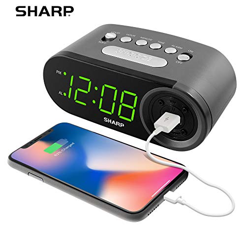 SHARP Digital Easy to Read Alarm Clock with 2 AMP High-Speed USB Charging Power Port - Charge Your Phone, Tablet with a high Speed Charge! Simple, Easy to Use Operation, Black β Green LEDs