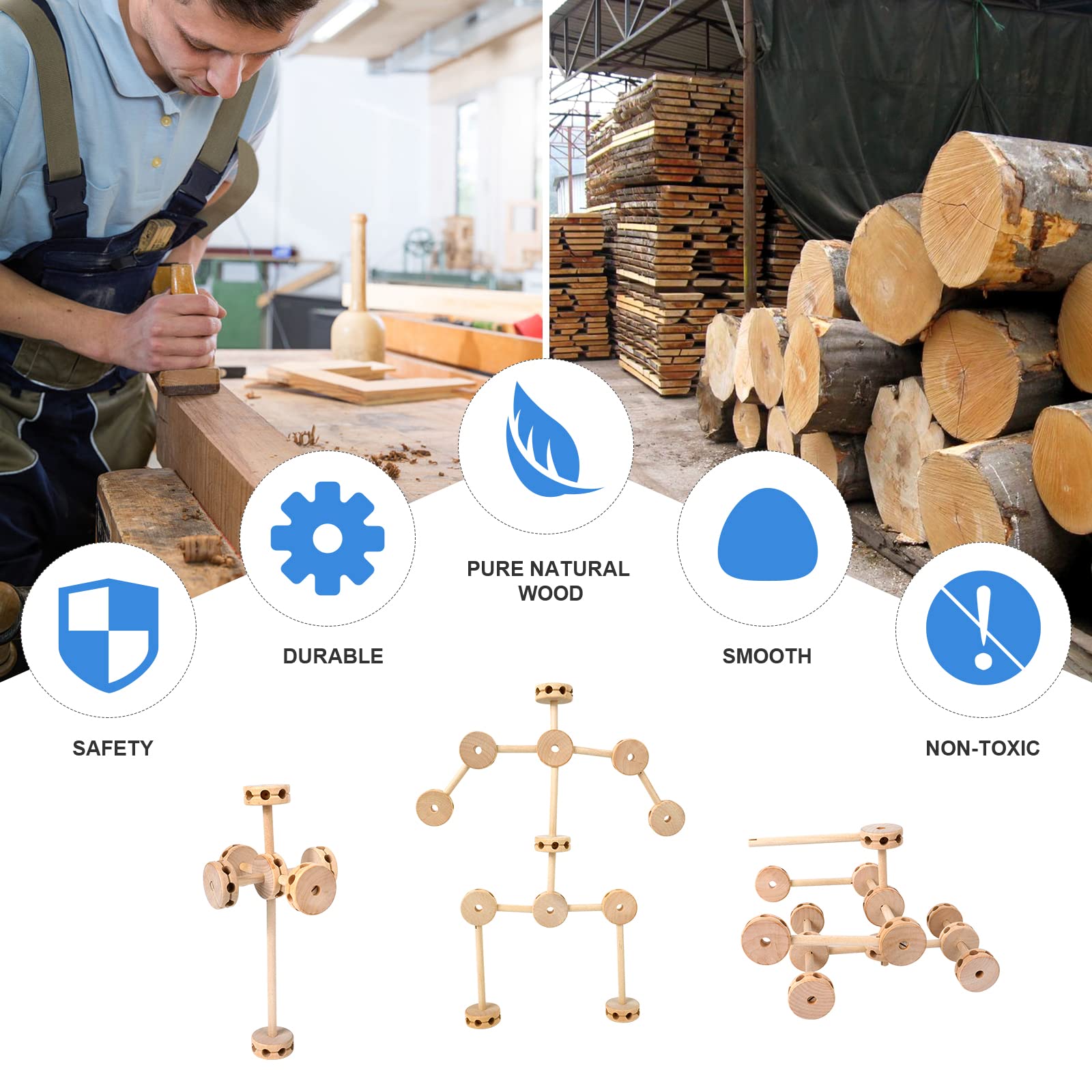 WODI Wooden Building Blocks,60 PCS Tiny Educational Natural Wood Stem Toys, DIY Wooden Blocks Splicing, Montessori Building Blocks Building Blocks for Kids Ages 4-8 to Create Various Shapes