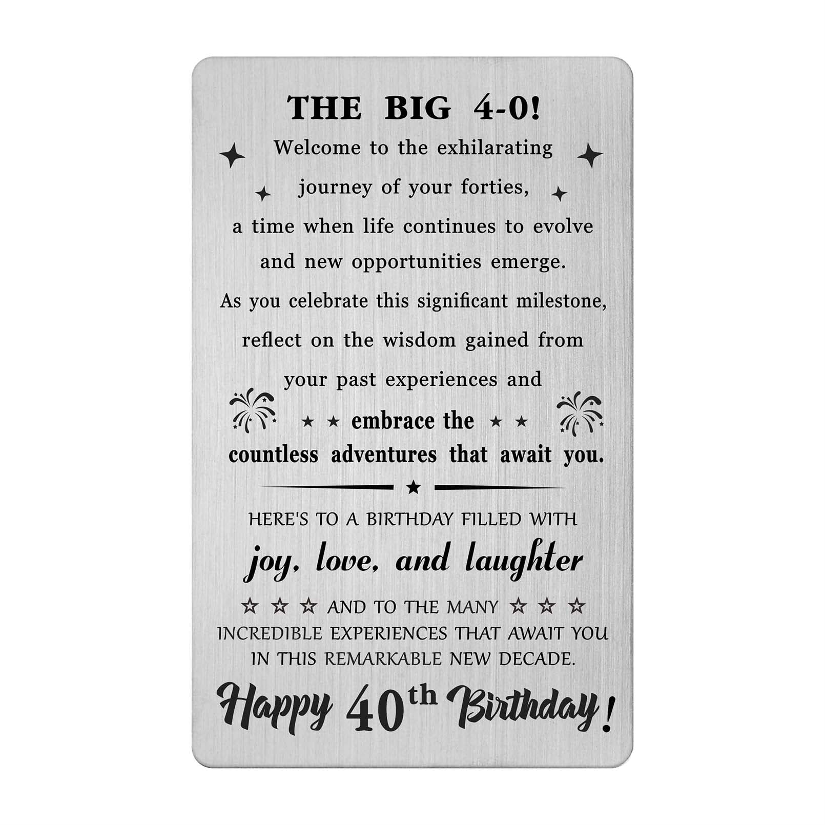 BAZLJY 40th Birthday Card - 40th Birthday Gifts for Men Women - 40 Year Old Birthday Engraved Steel Wallet Card for Him Her