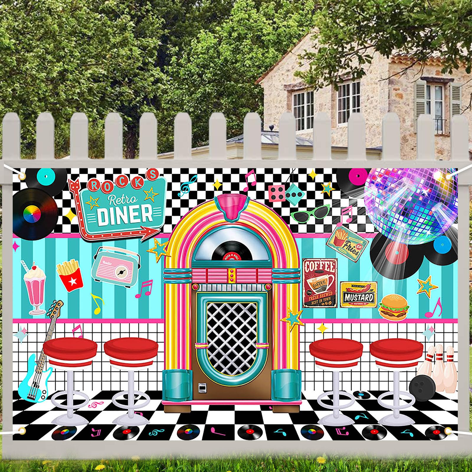 Avezano 50s Retro Diner Party Backdrop 50s Retro Rock and Roll Diner Classic Party Decoration Banner 1950s Sock Hop Party Decor 70.8 x 43.3 Inch
