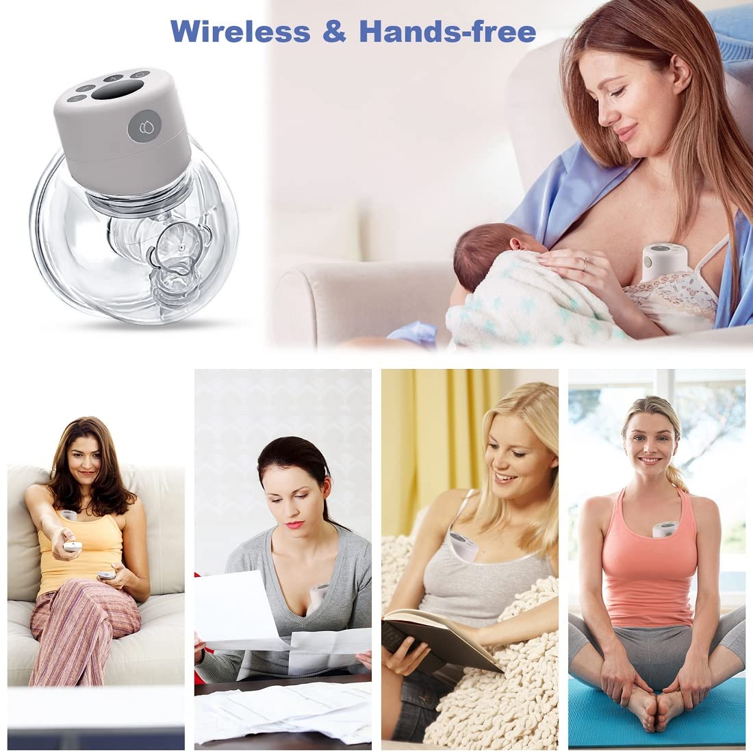 Bemawe Wearable Breast Pump, Electric Breast Pump Hands Free Wireless Breast Pump Portable Breastfeeding Pump Low Noise Painless Breast Milk Pump, LCD Display, 2 Modes & 9 Levels, S12, 24mm Flange