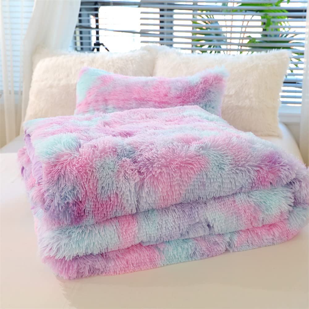 Roscloud Faux Fur Kids Girls Purple Rainbow Comforter Sets Twin/Full - 3PC Bed Set Warm Comfortable Soft Plush Flannel Velvet Fluffy Fuzzy Bedding(Comforter x 1 Pillowcases x 2)