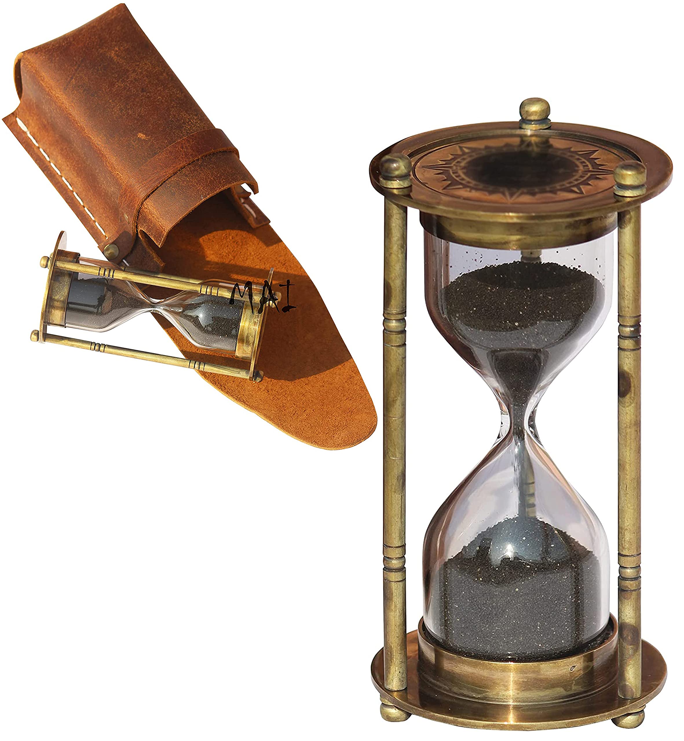 Antique Sand Timer 1 Minute Duration Decorative Nautical Vintage Style Brass Hourglass Safety Leather Case Clock Unique Hour Glass Sandglass for Office Desk Home Kitchen by Marine International