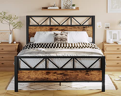 LIKIMIO Queen Bed Frame, Tall Industrial Headboard 51.2", Platform Bed Frame Queen with Strong Metal Support, Solid and Stable, Noise Free, No Box Spring Needed, Easy Assembly