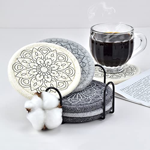 Coasters for Drinks Absorbent with Storage Bracket, Sets of 6 Handmade Braided Woven Coasters for Coffee Table Wooden Table, Great Home Decor Gift