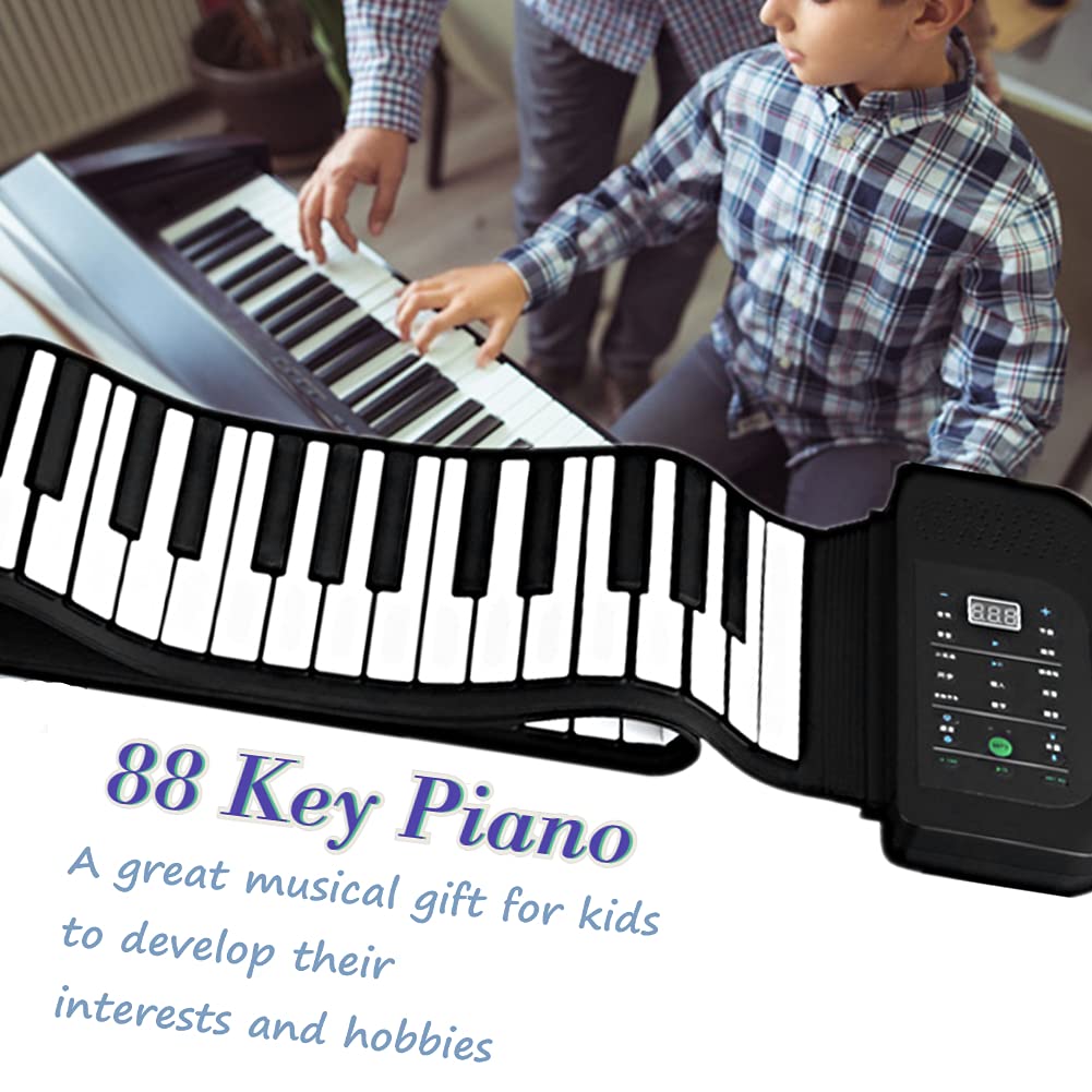 88 Keys Roll Up Piano, Soft Silicone Electronic Music Folding Piano Keyboard, 140 Tones and 128 Rhythms, Built in Stereo Loudspeaker, for Kids and Adults