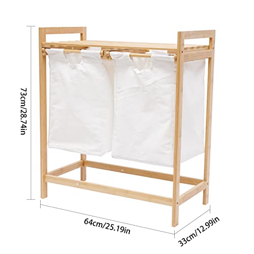 Bamboo Laundry Hamper with Dual Compartments,2 Section Floor Stand Bathroom Storage Shelf Cabinet with Removable Sliding Bags & Shelf Large Freestanding Portable Laundry Basket Hamper Organizer