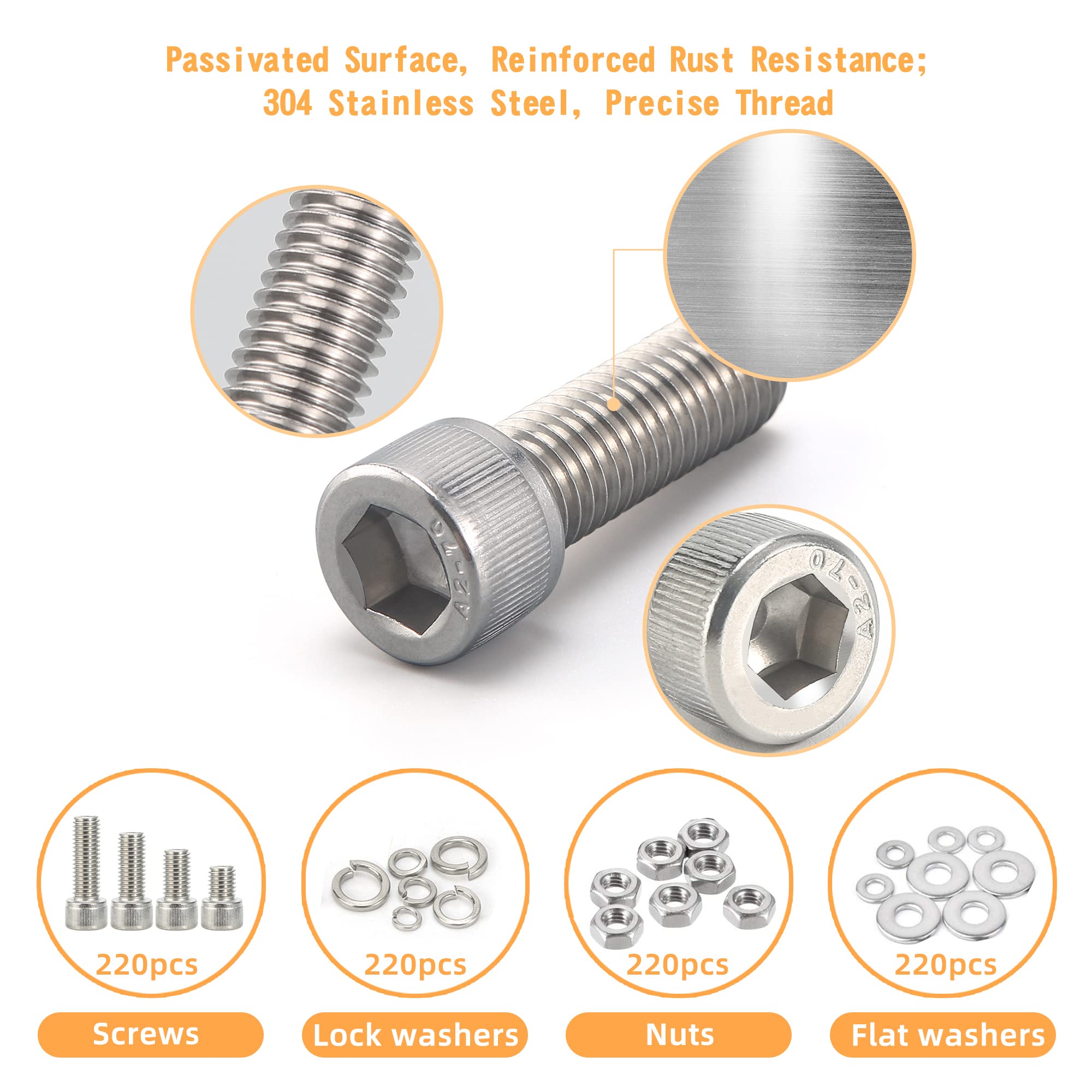 890pcs M6 M5 M4 M3 Metric Screw Assortment,Metric Bolts and Nuts Kit(with Lock&Flat washers・Wrenches) Socket Head Cap Screws 304 Stainless Steel Hex Head Metric Screws Assortment Set with Case