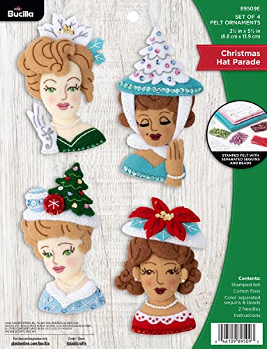 Bucilla Felt Applique 4 Piece Ornament Making Kit, Christmas Hat Parade, Perfect for DIY Arts and Crafts, 89509E