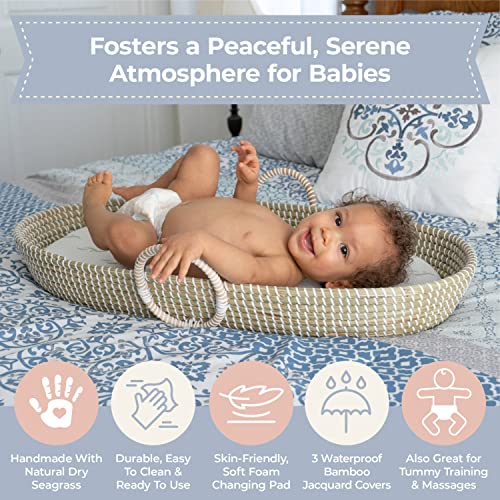 KIDDO VIBES Handwoven Baby Changing Basket with Pad & 3 Waterproof Bamboo Jacquard Covers - Multifunctional CPSC Compliant Organic Seagrass Baby Moses Basket with a Soft Thick Waterproof Changing Pad