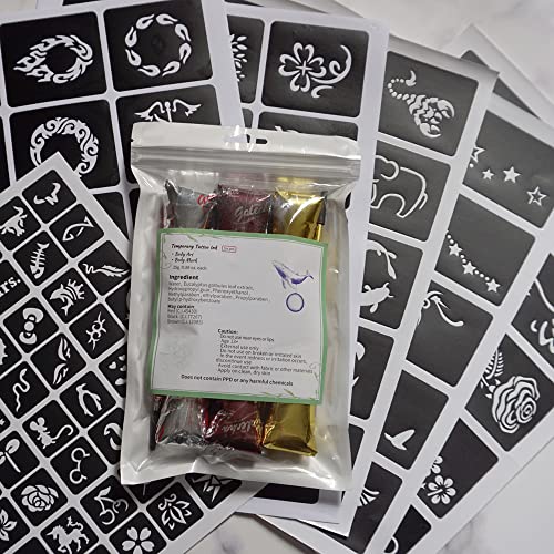 6 Pages Total 110 Tattoo Pattern Stickers Stencils，6 Pcs 3 Color Temporary Tattoo Kit，3 Bottles, 12 Nozzles, Blcak, Red, Brown