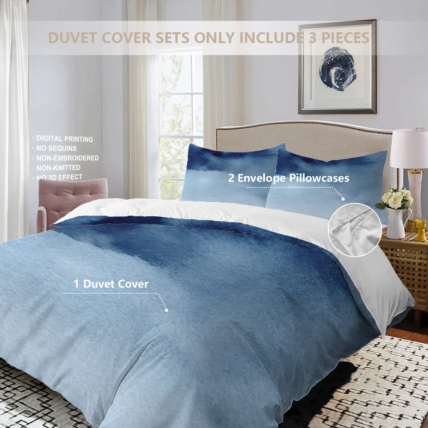 BaoNews Blue Grey Watercolor Ombre Blue Duvet Cover Set King Size,3 Pieces Bedding Set Hotel Quality 100% Cotton Comforter Cover Set with 2 Pillowcases(No Filler)