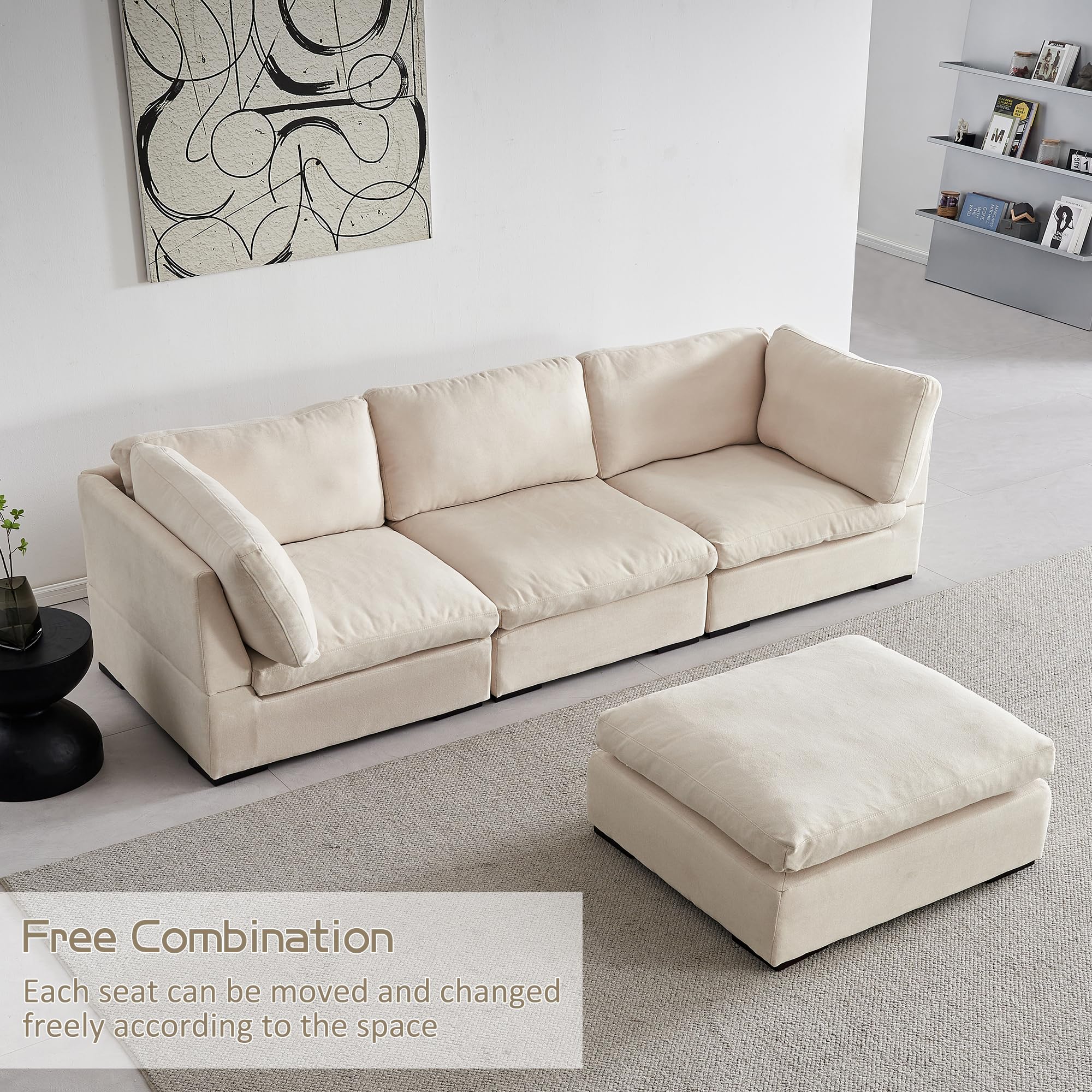 GNIXUU 99" Modular Sectional Sofa Cloud Couch with Feather Filled for Living Room, Modern Comfy Upholstered 4-Seater L-Shaped Sofa Couch with for Bedroom, Apartment, Free Combination(Beige)