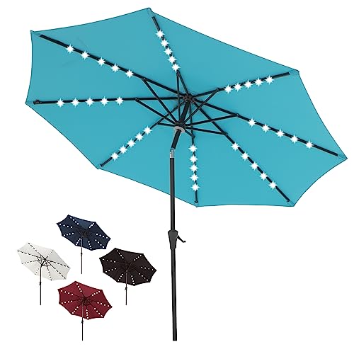 COBANA 9’ Solar Patio Umbrella with 40 LED Lights, Outdoor Table Market Umbrella with Tilt and Crank for Garden, Lawn, Deck, Backyard and Pool, Blue