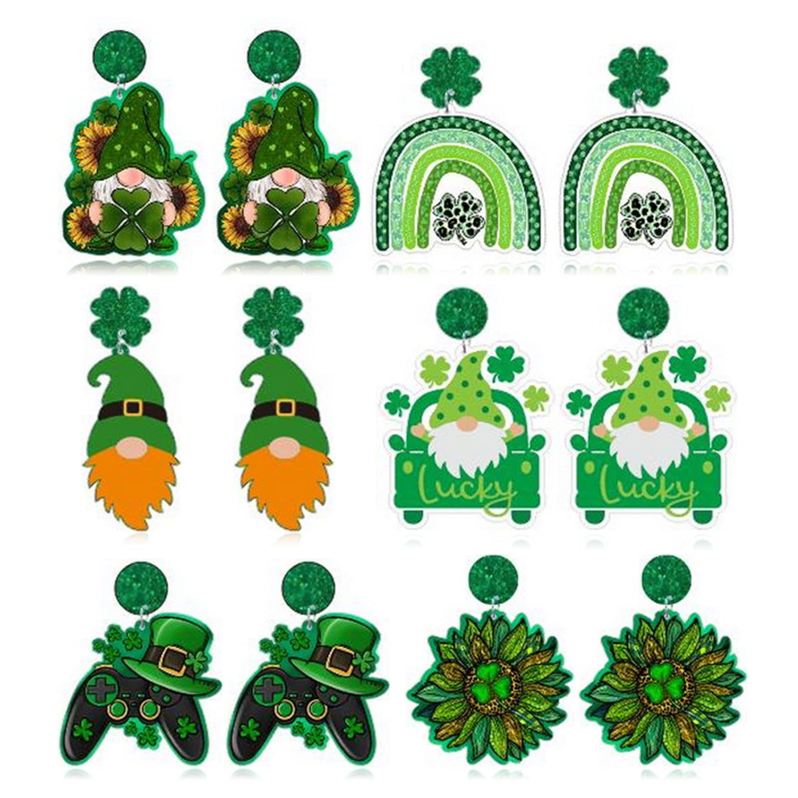 6 Pairs St Patricks Day Earrings for Womens Irish Shamrock Dangle Earrings Clover Drop Earrings Green Grass Rainbow Hat Game Handle Beard Dangle Earrings St Patricks Day Accessories(6pairs)