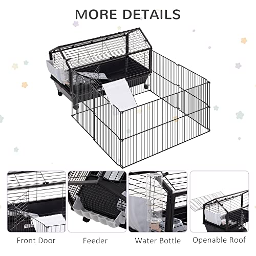 PawHut 2-Level Rolling Small Animal Playpen & Cage, Foldable Small Rabbit Fence, Guinea Pig House, Hedgehog Cage, Water Bottle, Water Bowl, Pet Exercise Pen, 35" L
