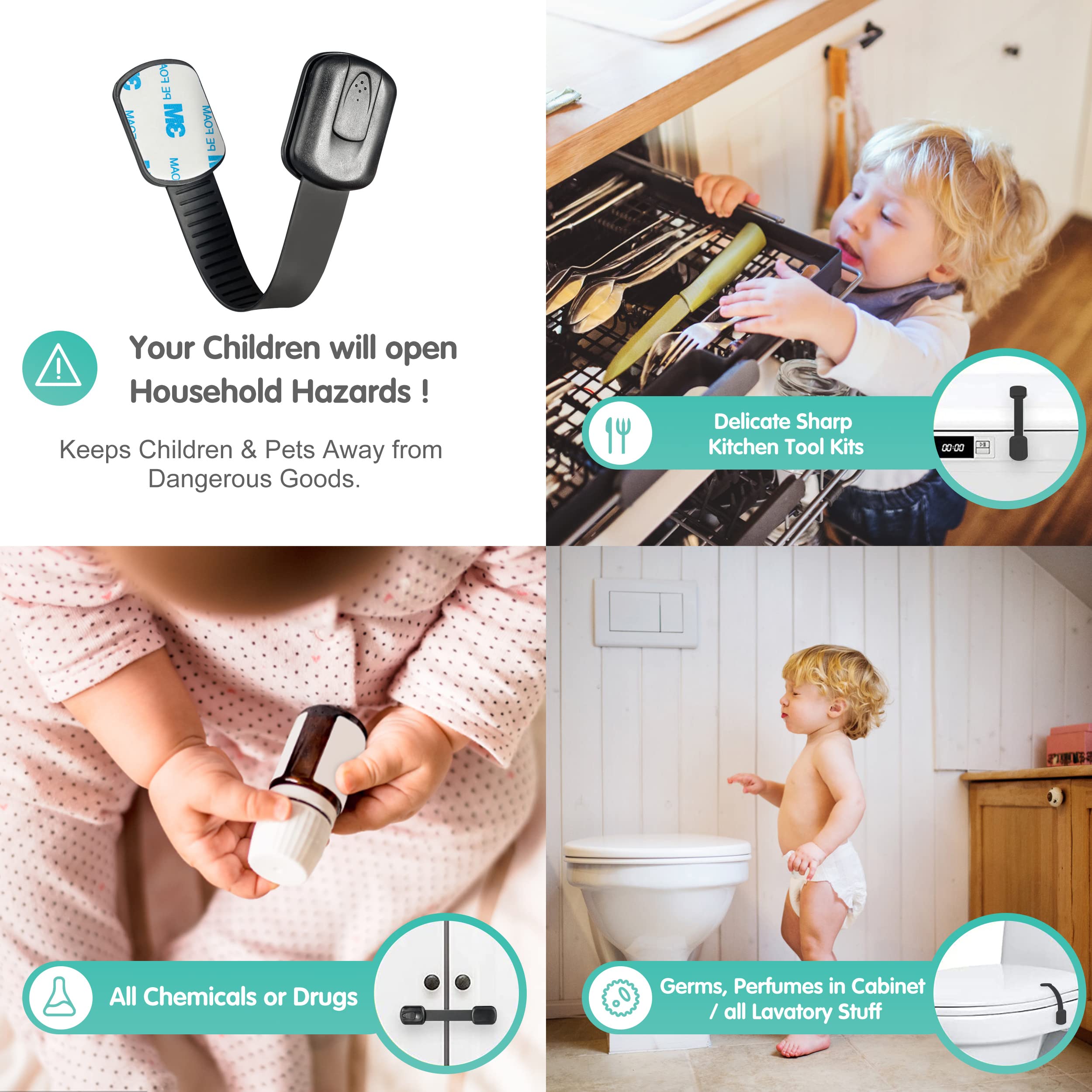 Baby Proof Cabinet Lock & Straps Latches Child Drawer Latches with 3M Adhesives Adjustable Non Drilling Safety Cabinet Locks Straps Baby Drawer Locks for Kids Baby Multi-Function 12 Pack (Black)