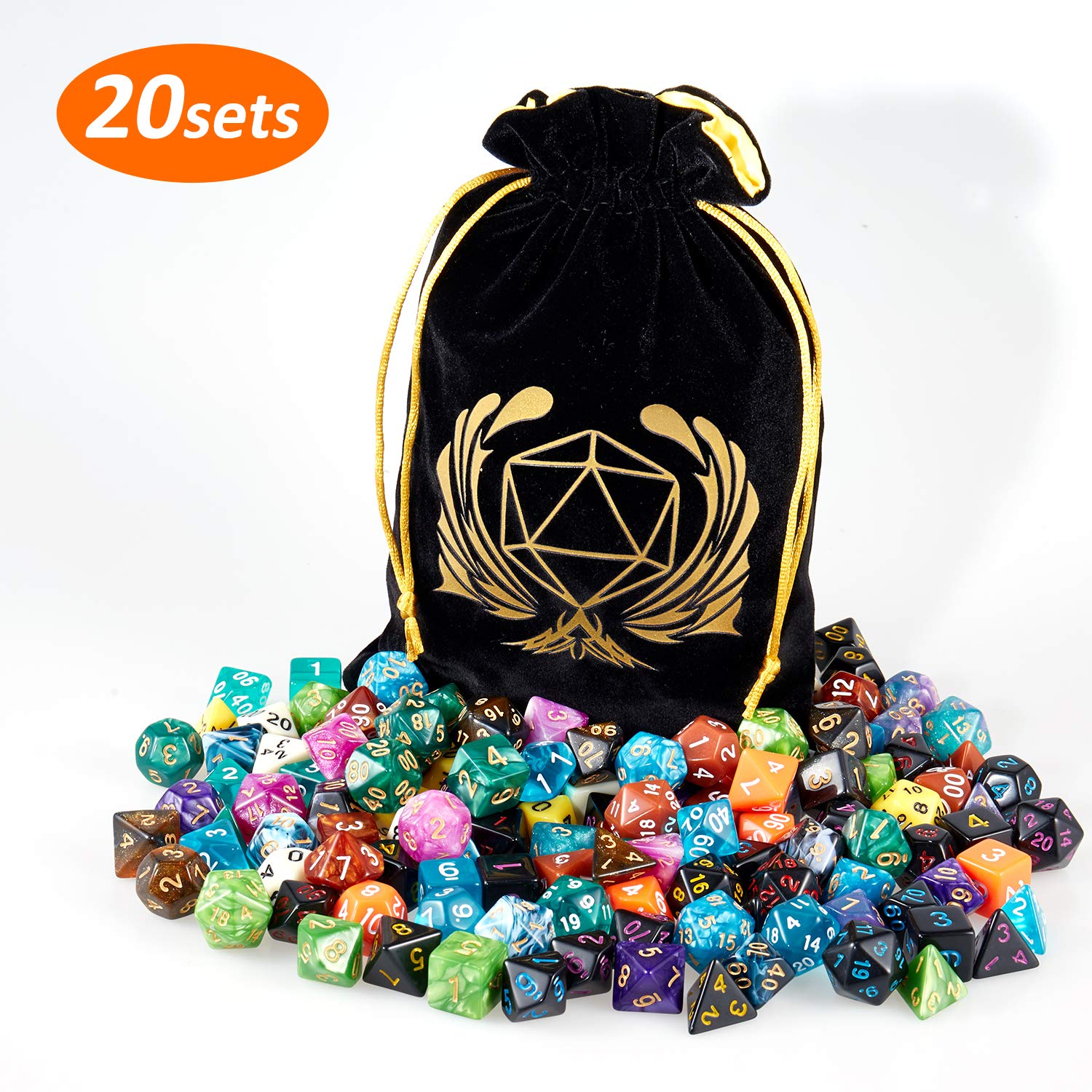 Coyeekn DND Dice Set, 20 x 7 (140 Pieces) Polyhedron Dice 20 Colors Dice for Dungeons and Dragons DND RPG MTG Table Games D4 D8 D10 D12 D20 with 1 Large Flannel Bag