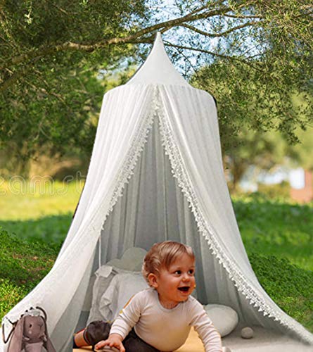 Kids Bed Canopy with Pom Pom Hanging Net for Baby Crib Nook Castle Game Tent Nursery Play Room Decor,White