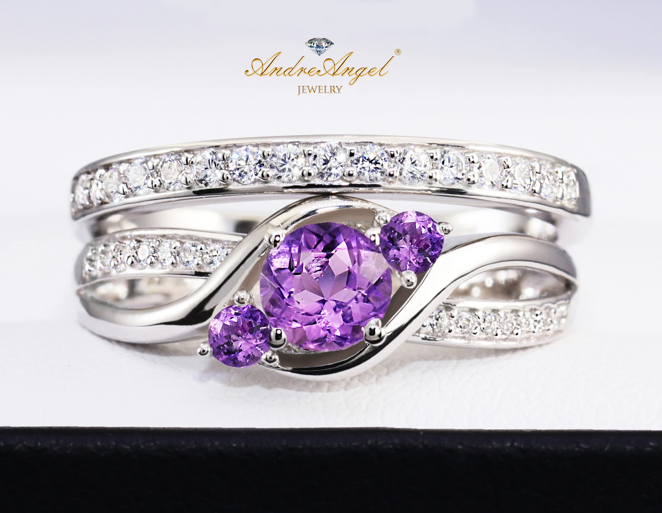 AndreAngel Three-Stone Genuine Amethyst Wedding Ring Set for Women, Solid Sterling Silver 925, 5A+ Grade Cubic Zirconia Stones 0.5 Carat Rhodium-Platinum Plated White Gold Color