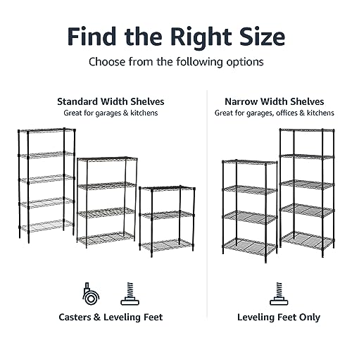 Amazon Basics 4-Shelf Adjustable, Storage Shelving Unit, (200 Pound Loading Capacity per Shelf), Steel Organizer Wire Rack, 13.4"D x 23.2"W x 48"H, Black