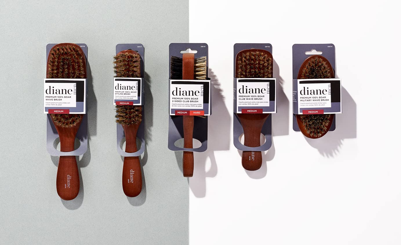 Diane Premium 100% Boar Bristle Military Wave Brush for Men and Barbers, Medium-Firm Bristles for Thick Coarse Hair, Detangling, Smoothing