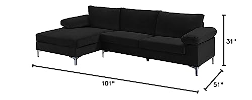 Casa Andrea Milano Modern Velvet Fabric Sectional Sofa, L-Shape Couch with Extra Wide Chaise Lounge
